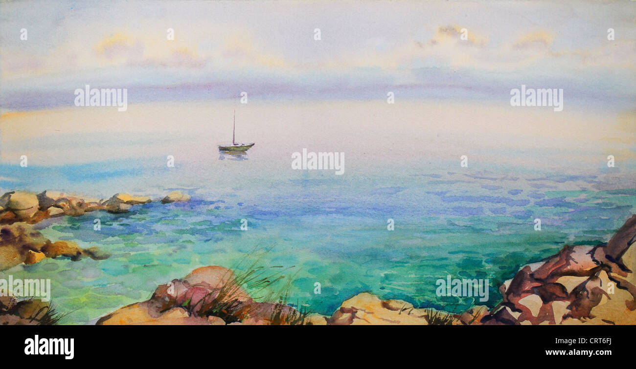 Watercolor painting seascape Stock Photo - Alamy