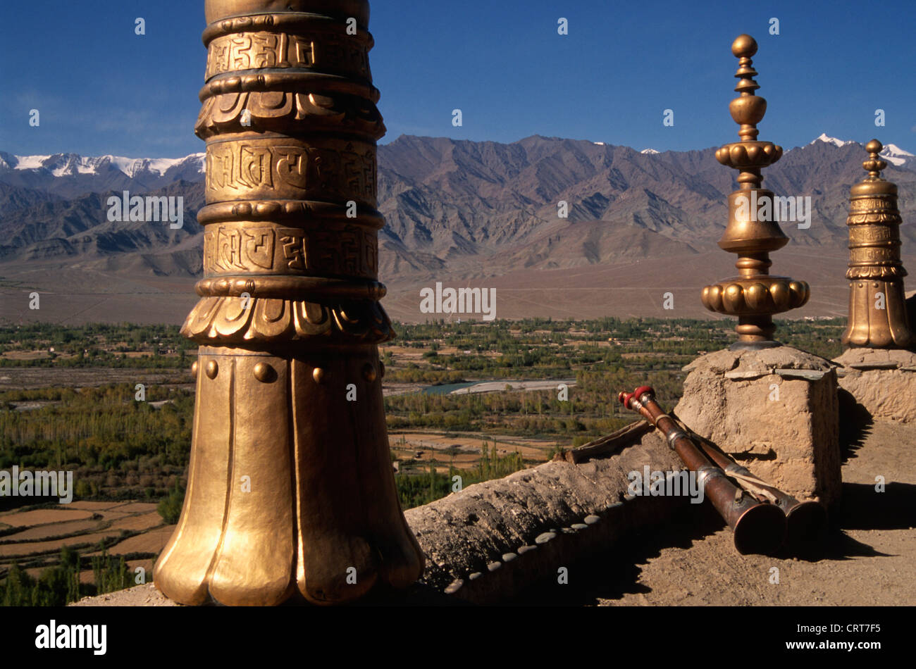 India, Ladakh, Tikse Gompa, buddhist monastery, roof ornaments Stock ...