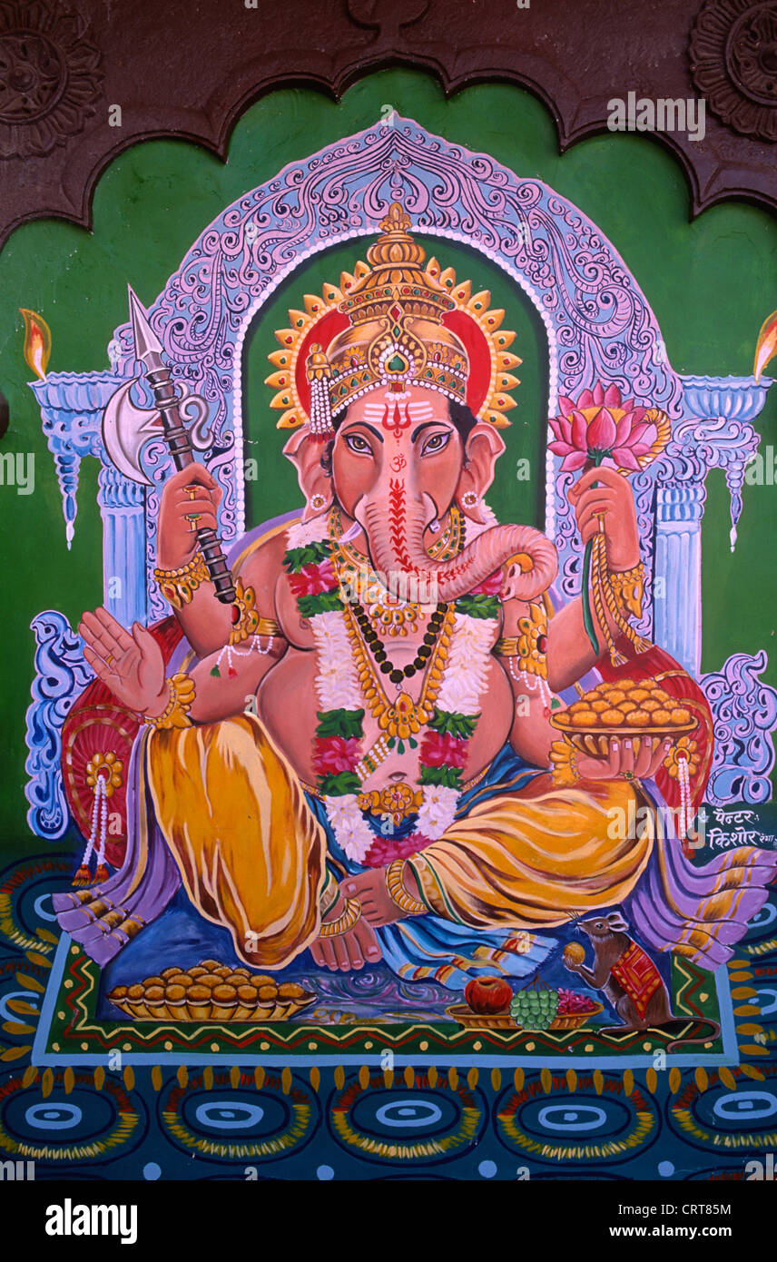 India, Rajasthan, Pokaran, Fort, wall painting, Ganesh, elephant god ...