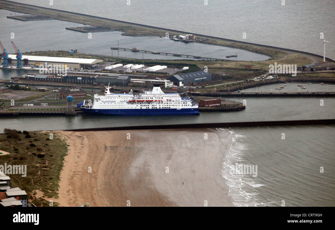 Aerial view of the Swansea to Cork Ireland ferry in the docks, south ...