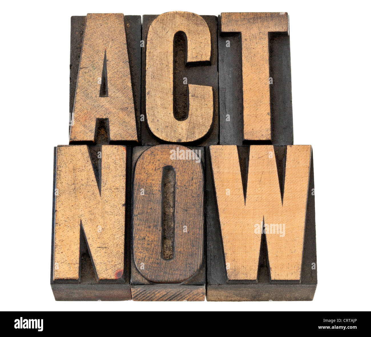 act now - motivation concept - isolated text in vintage letterpress ...