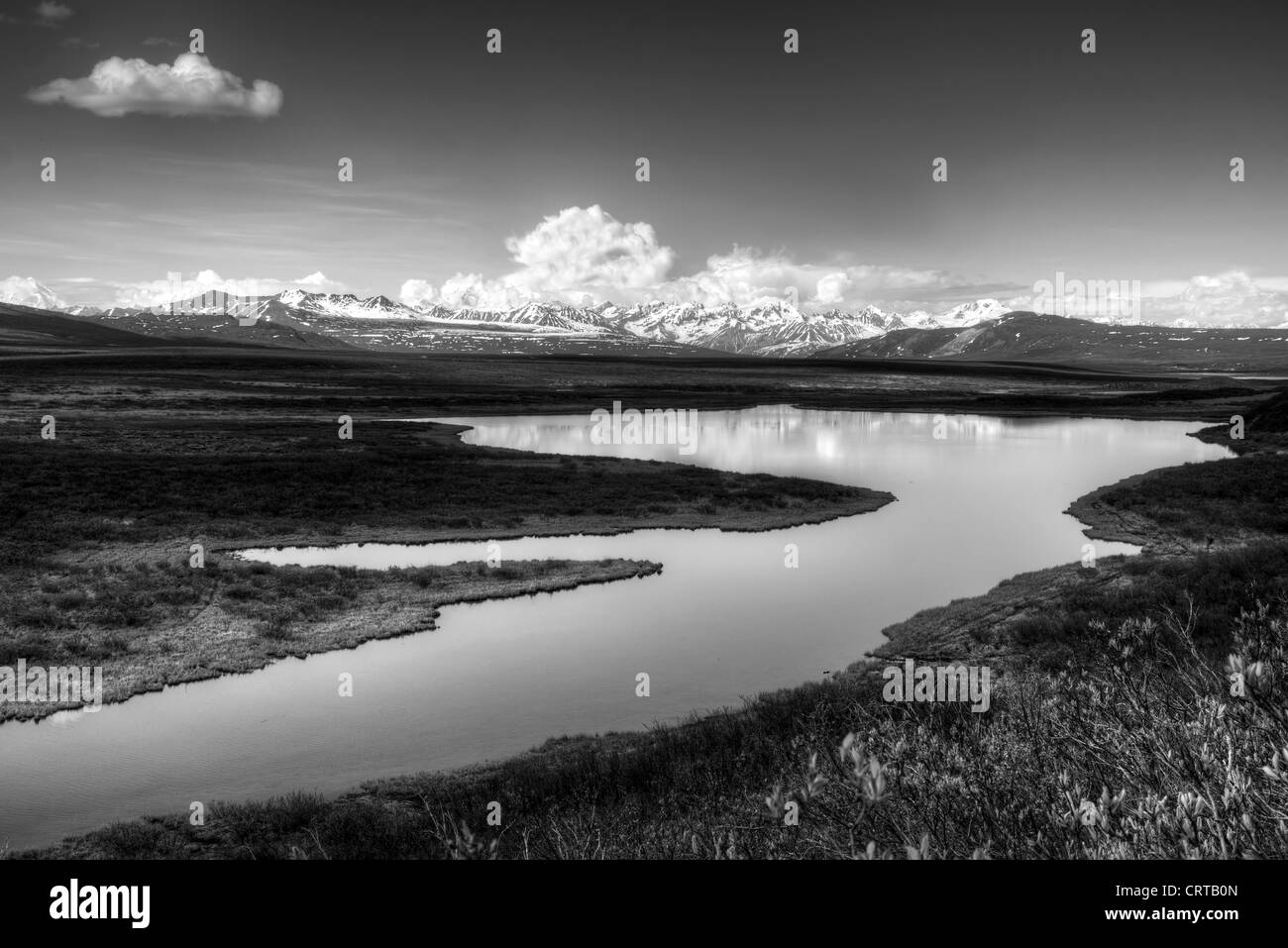 View of an Alaskan Lake in the interior in black and white with ...