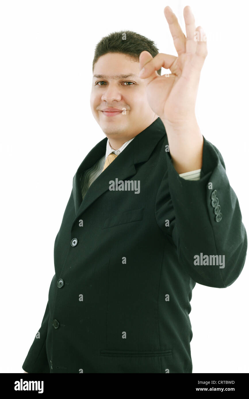 caucasian man ok hand sign gesture studio portrait on isolated white ...