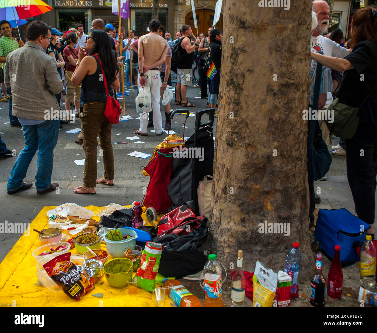 Paris, France, People Picnicking on Street while Viewing Gay Pride ...