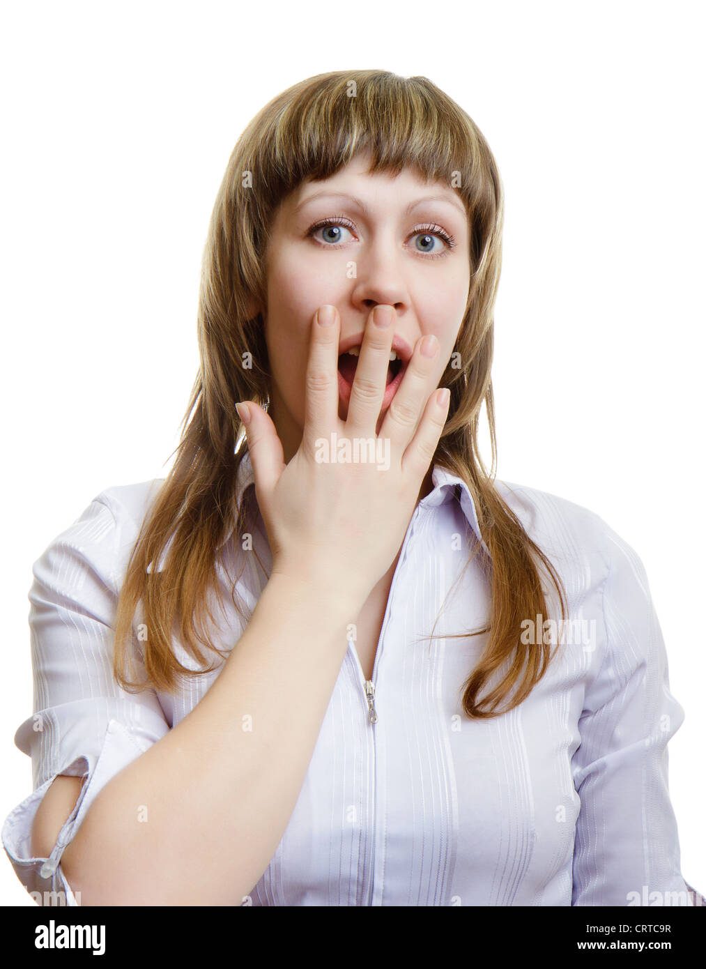 terrified young girl hand mouth shut. white background Stock Photo - Alamy