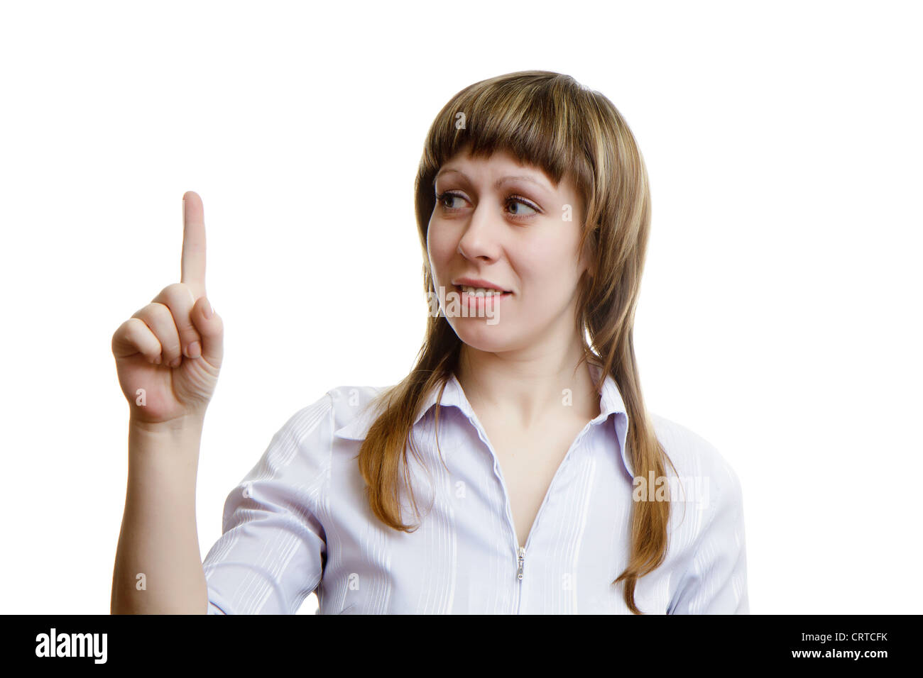 girl shows the index finger on a white background Stock Photo - Alamy