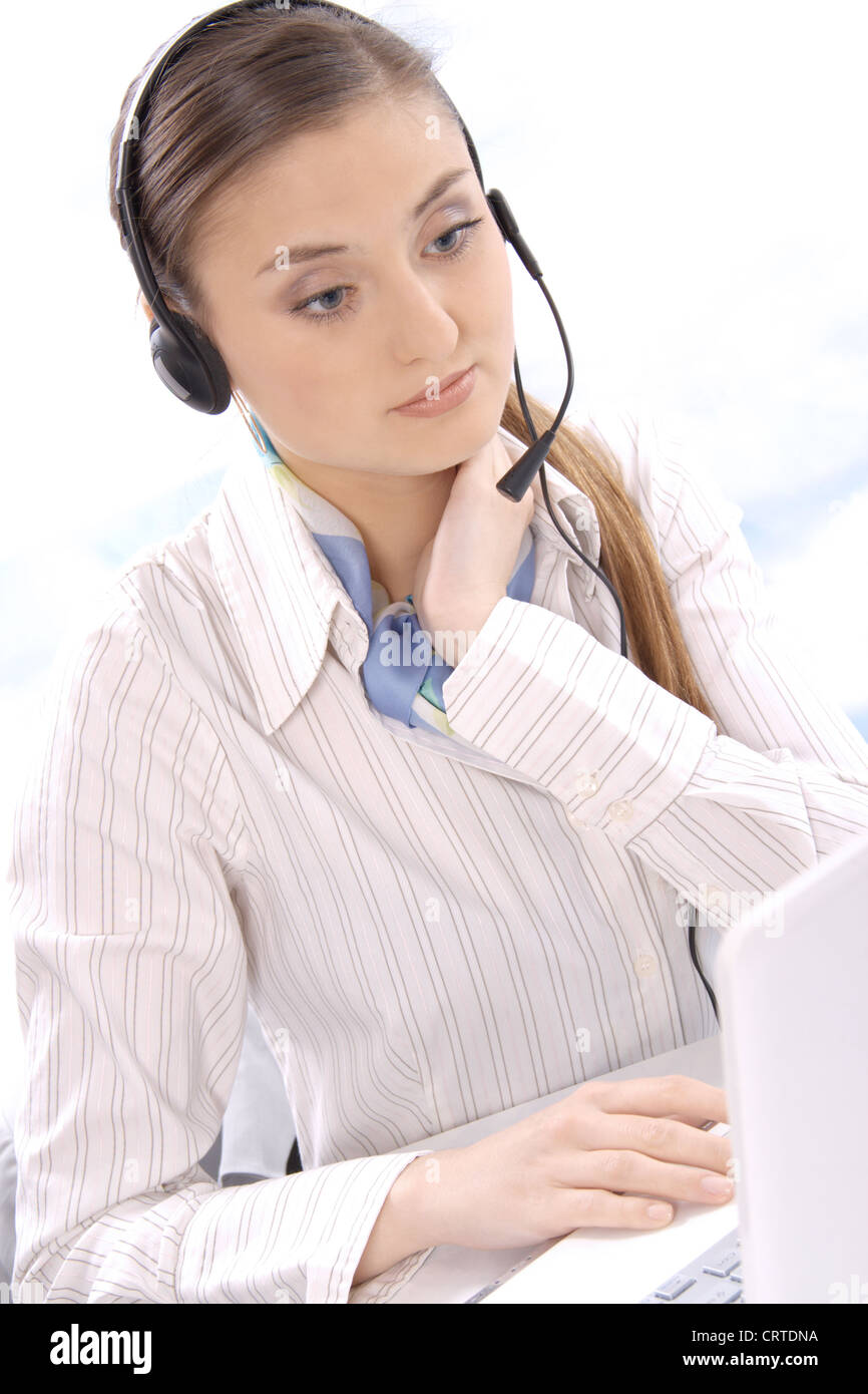 Closeup portrait of a happy female customer service representative ...