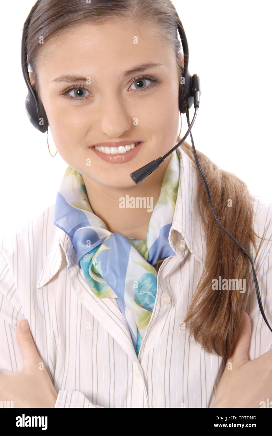 Closeup portrait of a happy female customer service representative ...