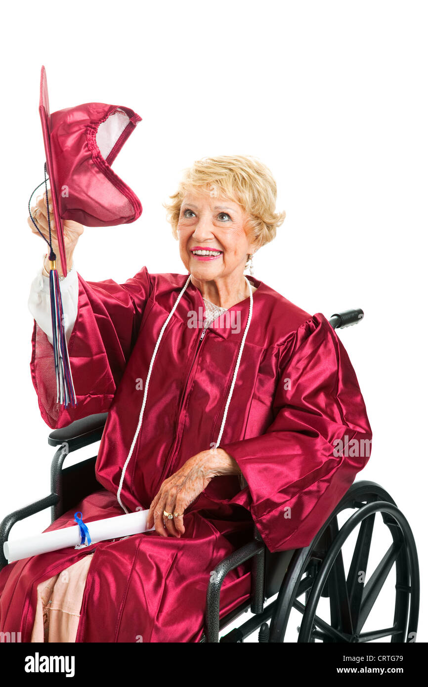 Disabled senior woman removes her graduation cap to throw it up in the ...