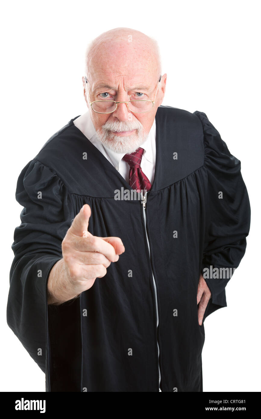 Serious, stern judge pointing his finger at the camera. Isolated on ...
