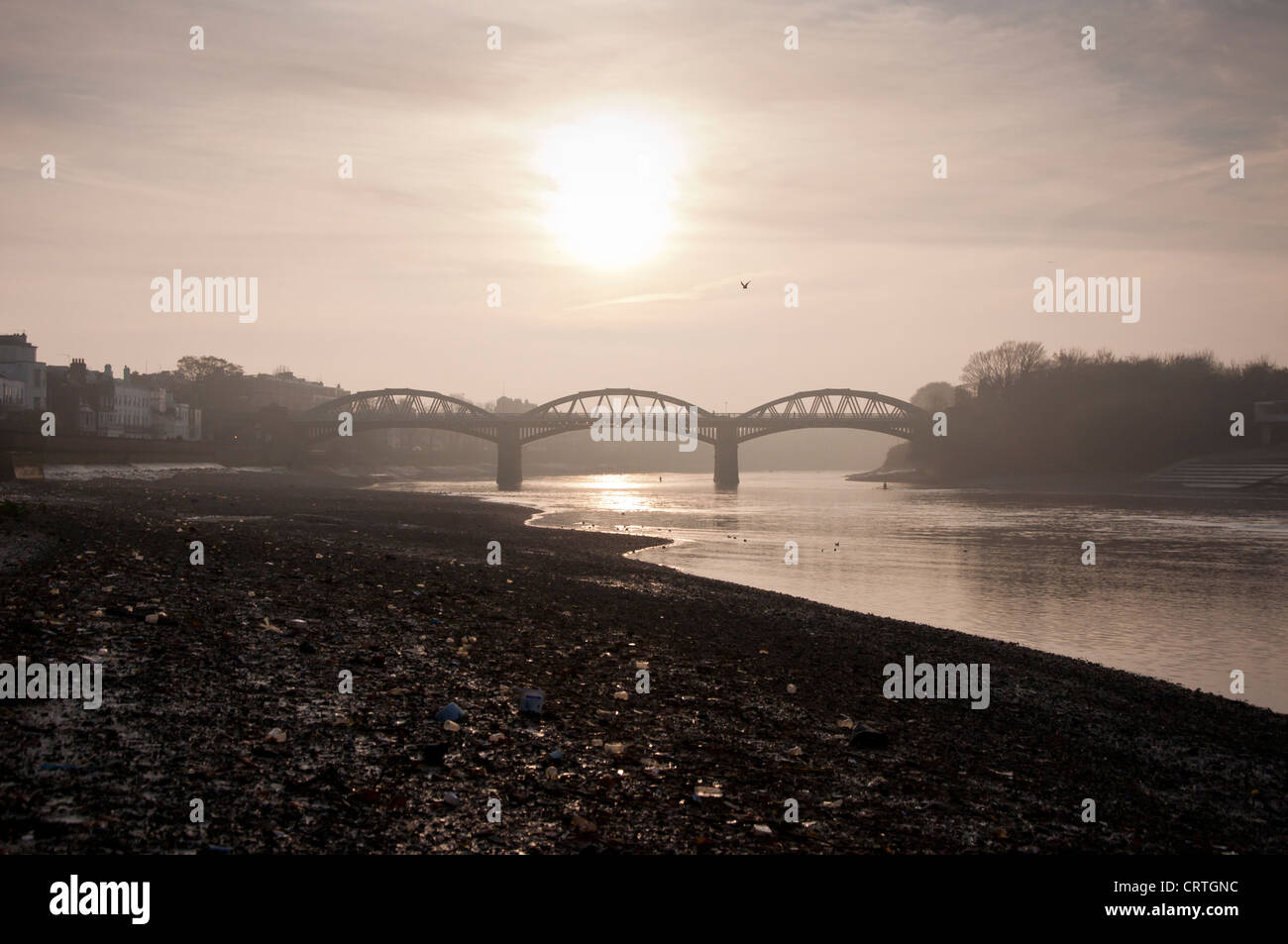 Barnes Bridge at a misty sunset, London Stock Photo - Alamy