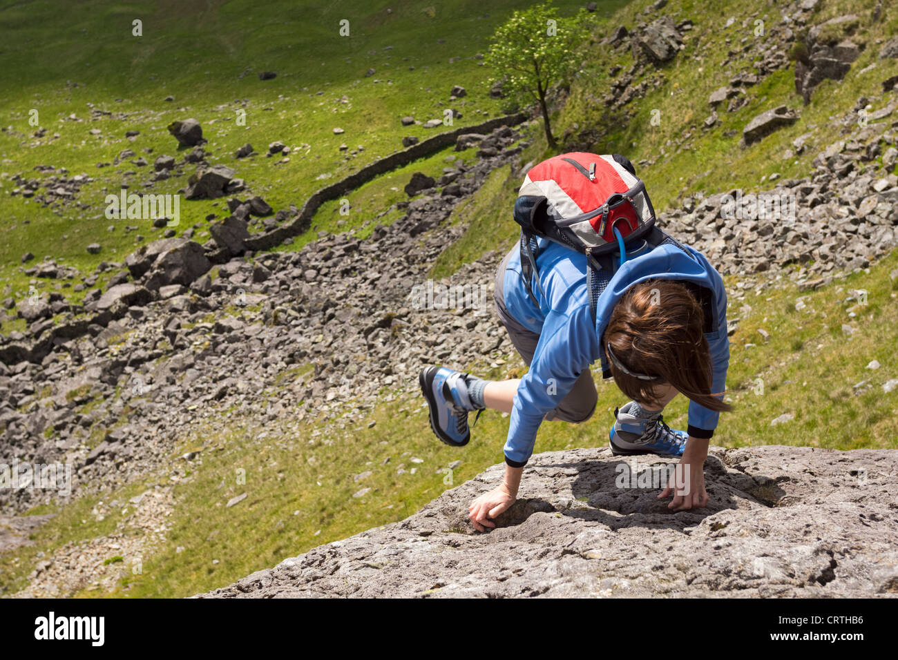 A rock scrambler staring the climb up the ridge. Rabbits Trod rock ...