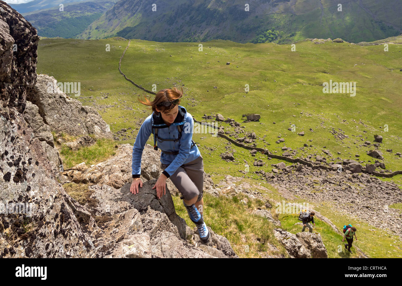 A rock scrambler staring the climb up the ridge. Rabbits Trod rock ...