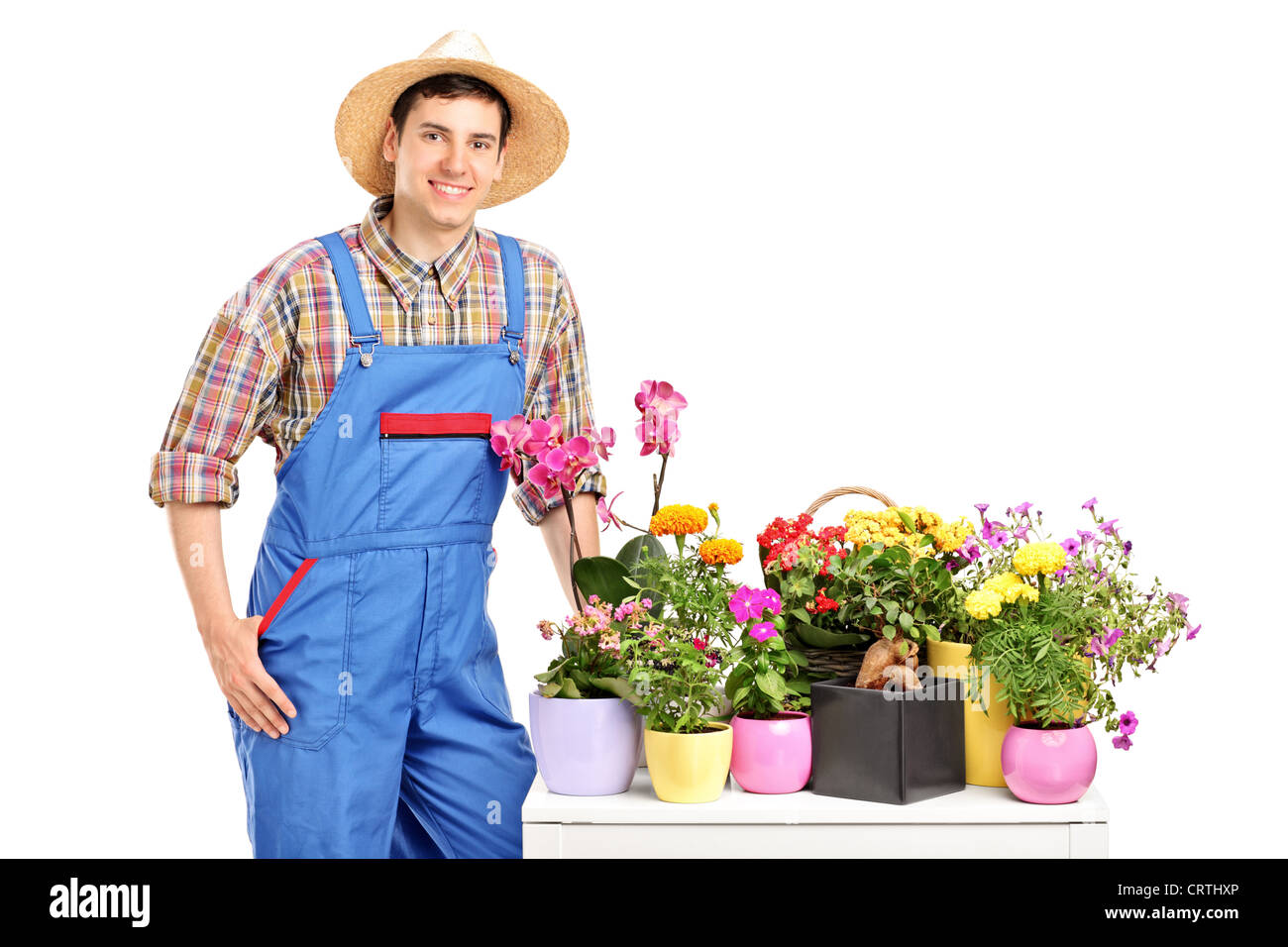 A male florist posing next to flowers isolated on white background ...
