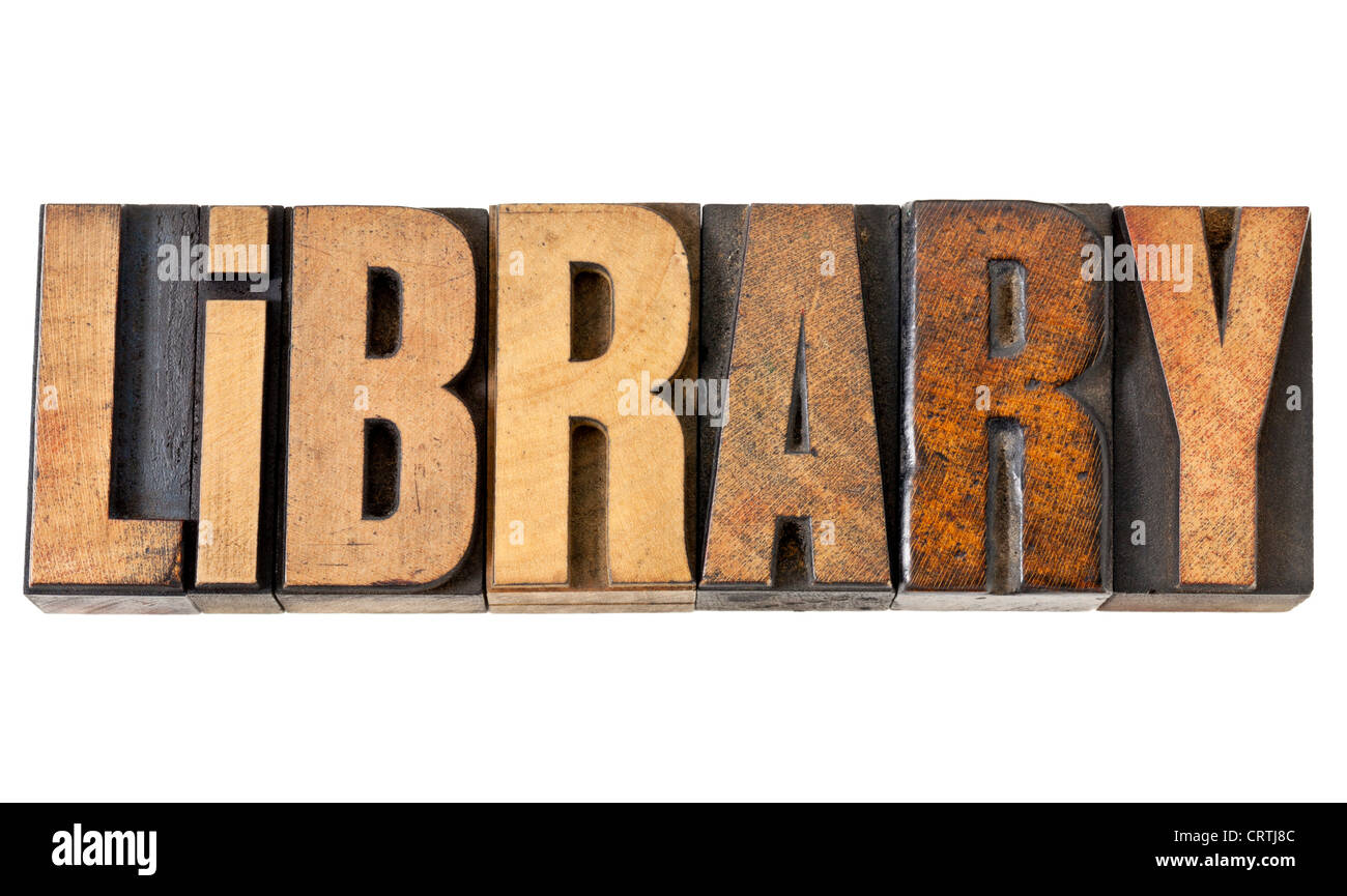 library word - isolated text in vintage letterpress wood type Stock ...