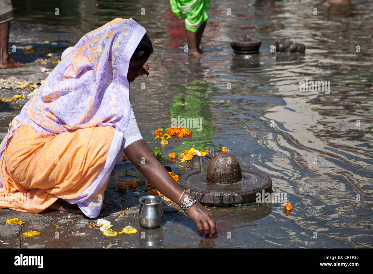 Woman making a ritual river offering (puja). Godavari river. Nasik ...
