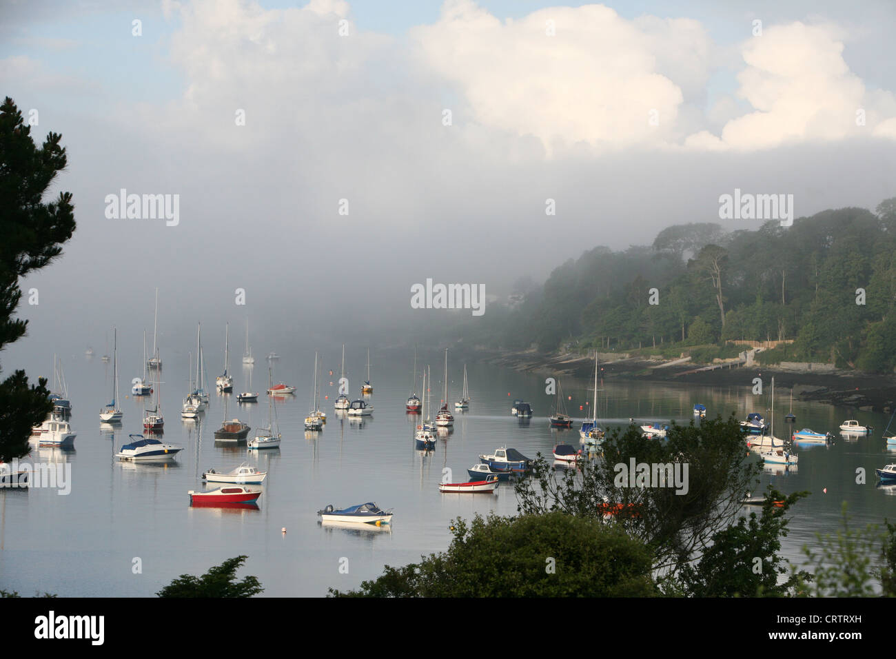 Early morning sea fog or mist at Loe Beach Feock Cornwall England UK ...