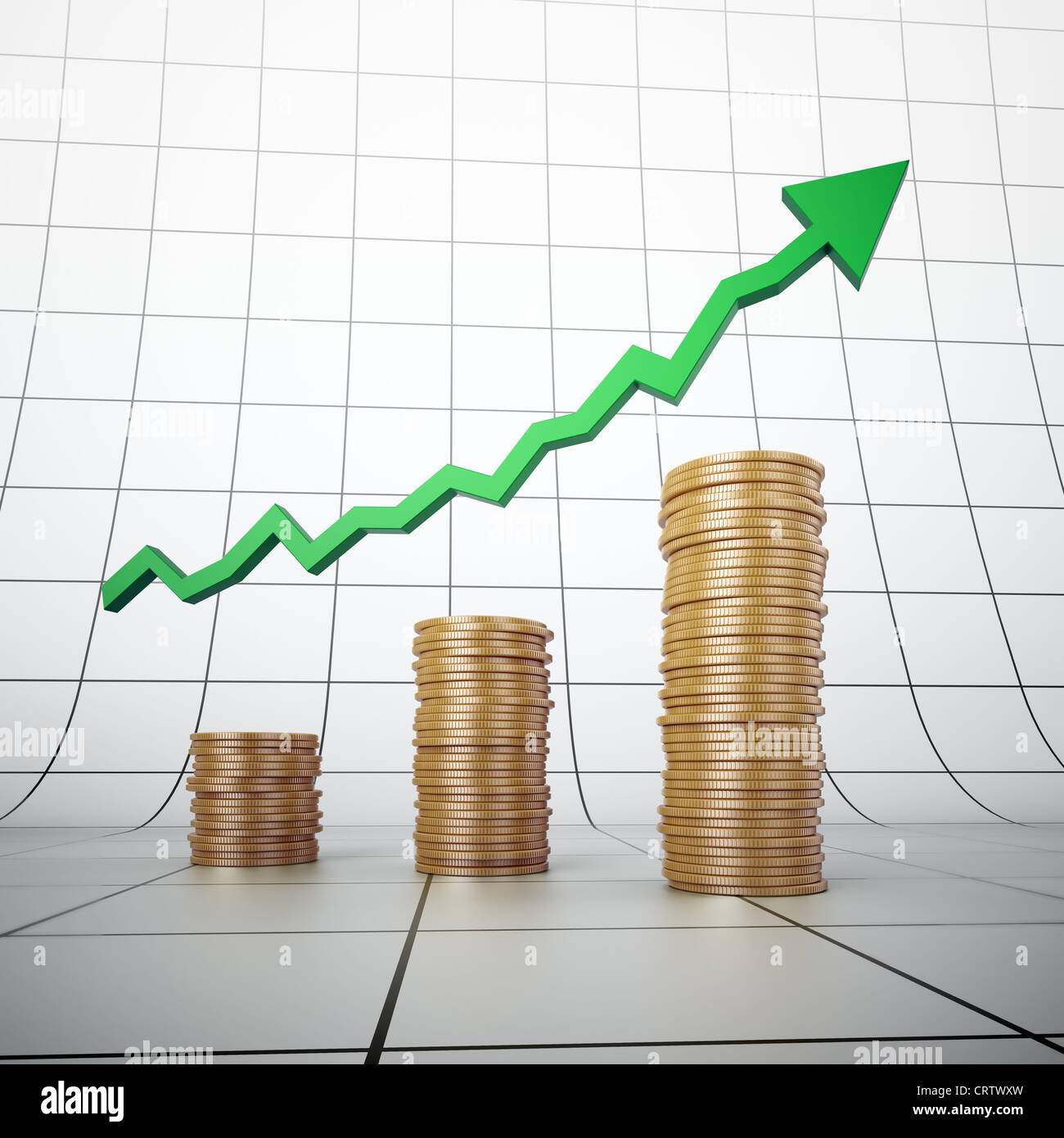 Golden coin stacks with a graph Stock Photo - Alamy