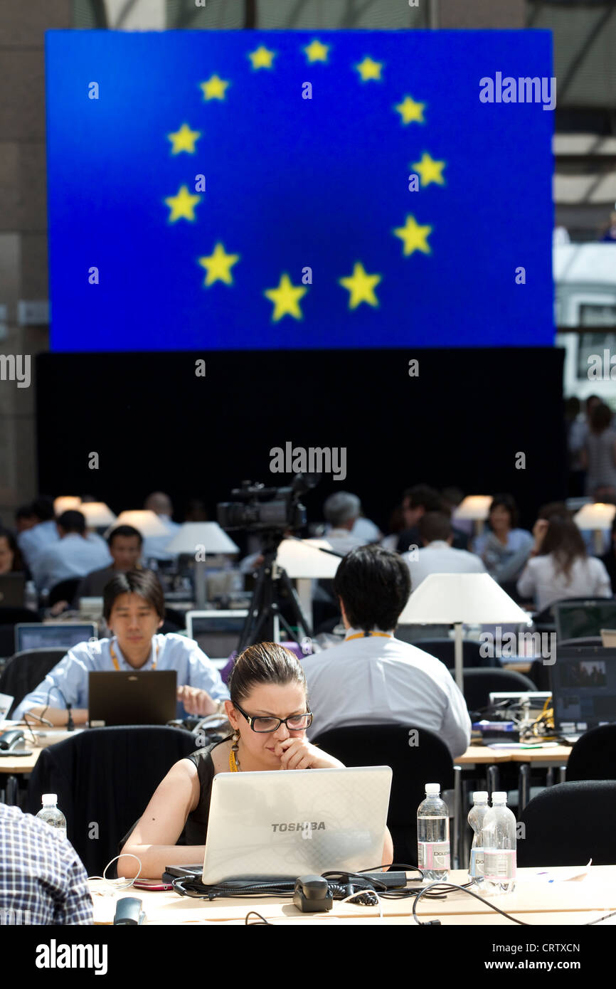 Rows of media working in the Press Centre at European Council offices ...