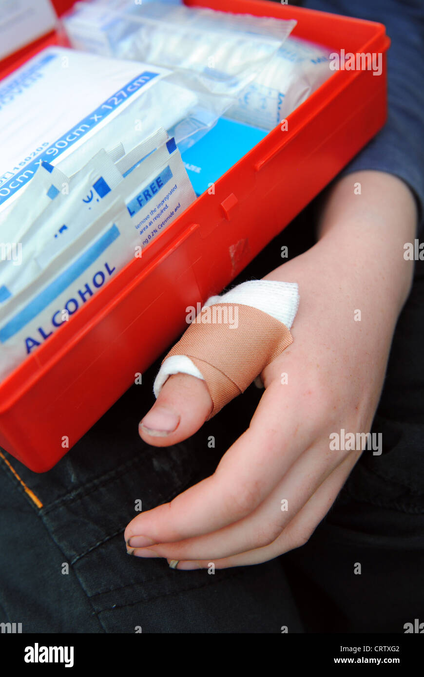 First aid kit used to bandage a finger after a knife accident doing ...