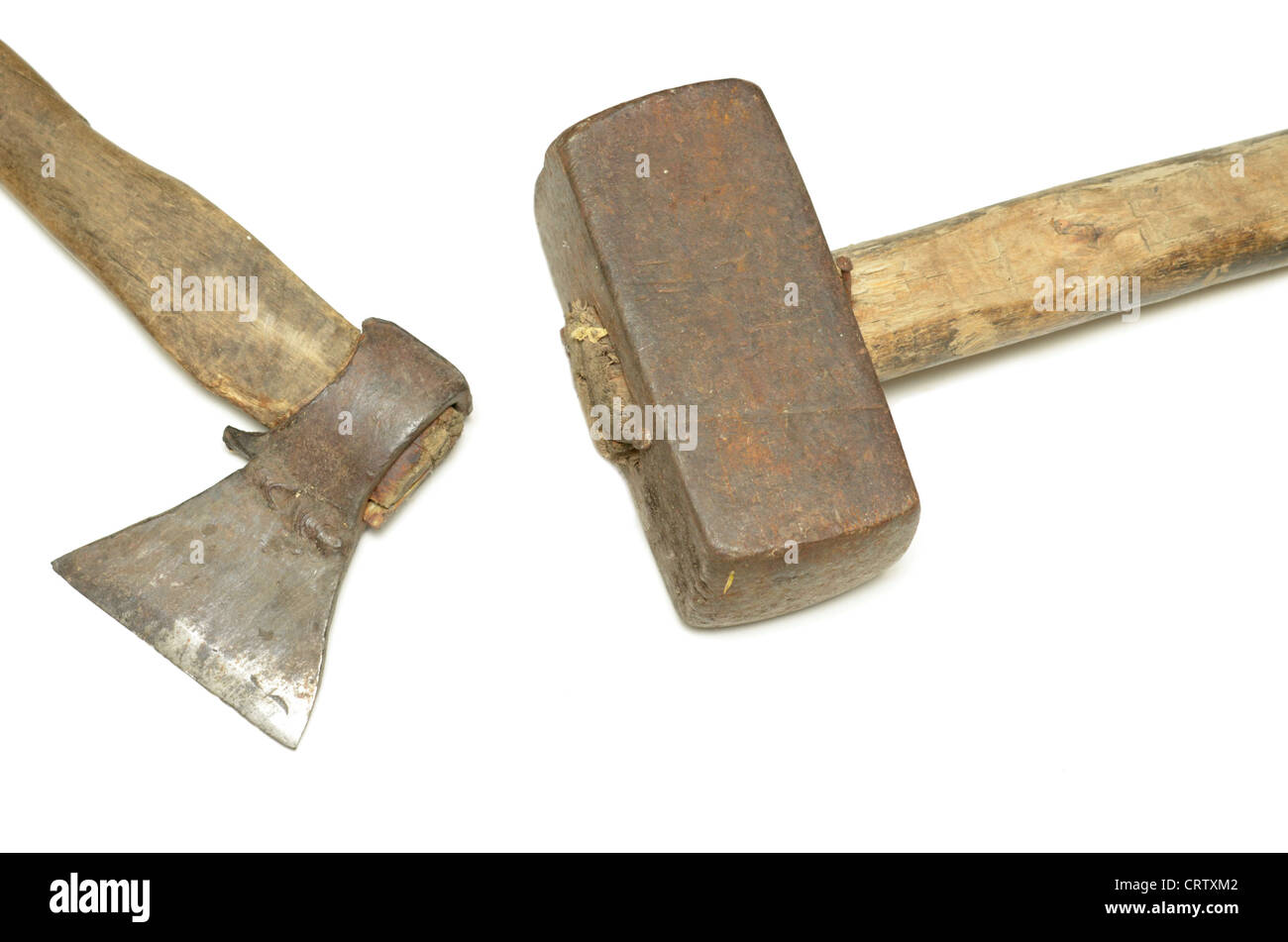 old axe an hummer isolated on white Stock Photo - Alamy