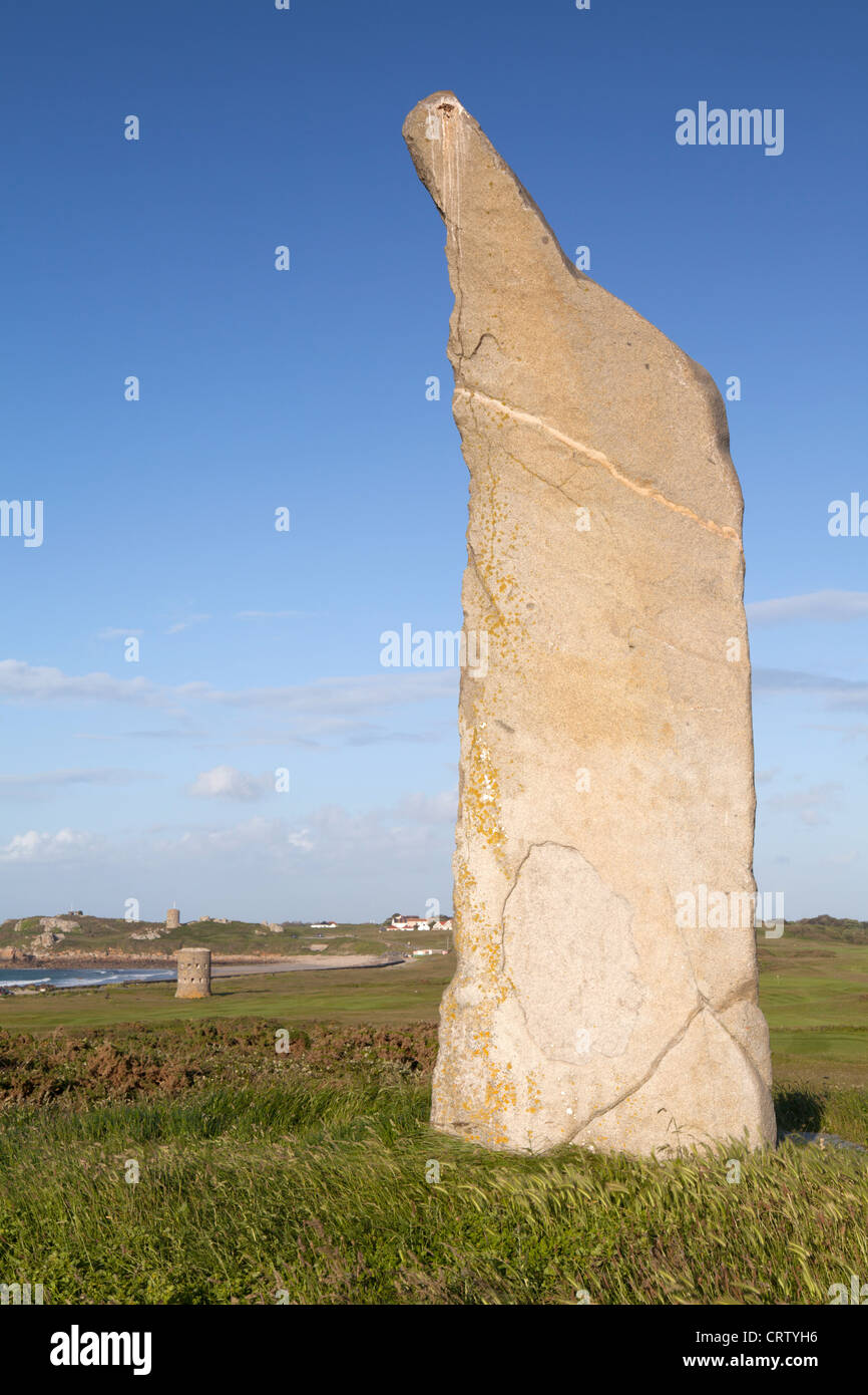 Millennium stone, L'Ancresse Common, Vale, Guernsey Stock Photo - Alamy