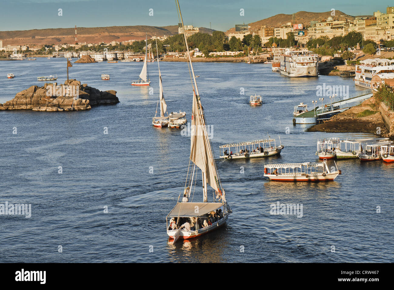 Egypt Aswan Boats lined Up On The Nile Stock Photo - Alamy