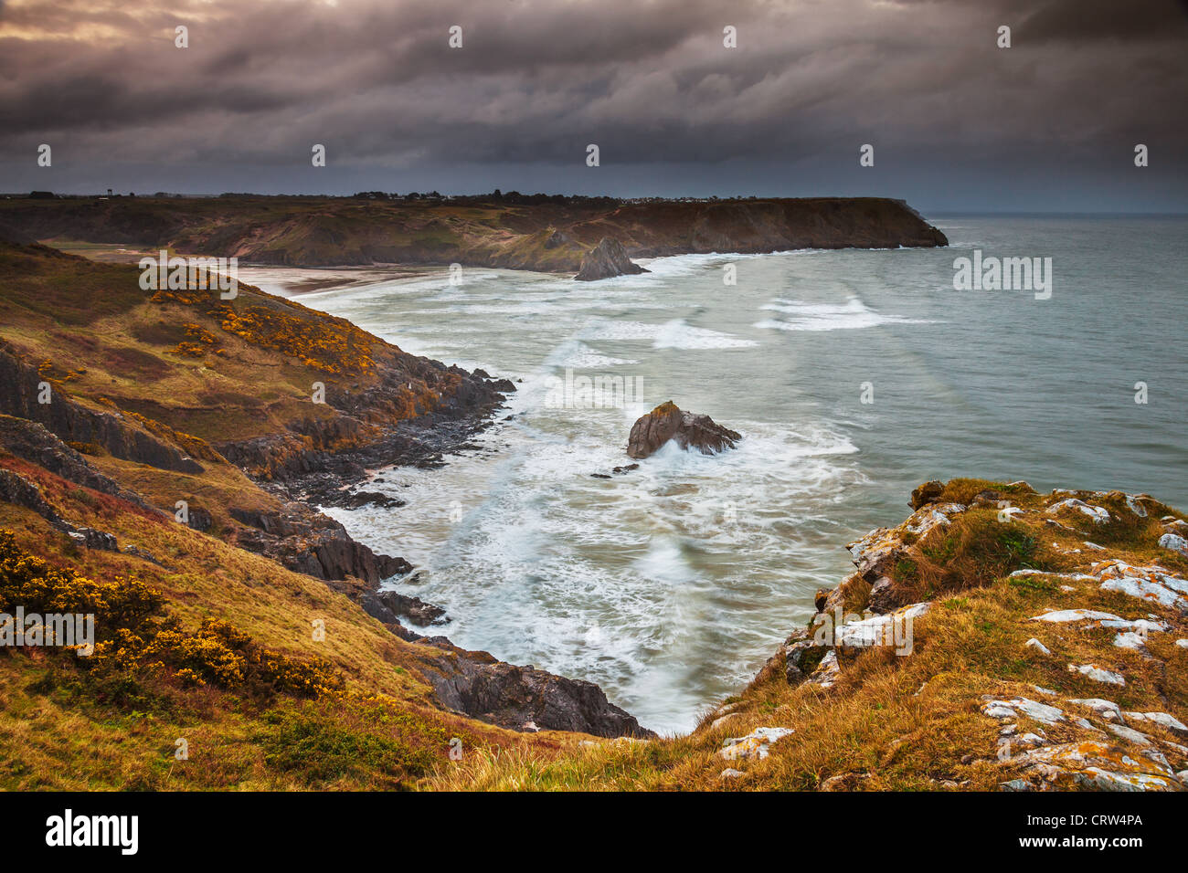 Three Cliffs Bay from Penmaen Burrows, Gower, Wales Stock Photo - Alamy