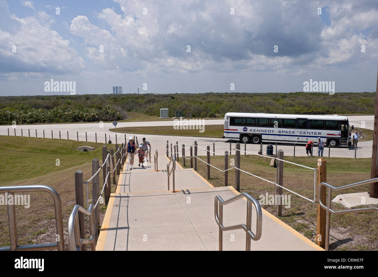 Kennedy Space Center on Merritt Island Florida visitors depart tour bus ...