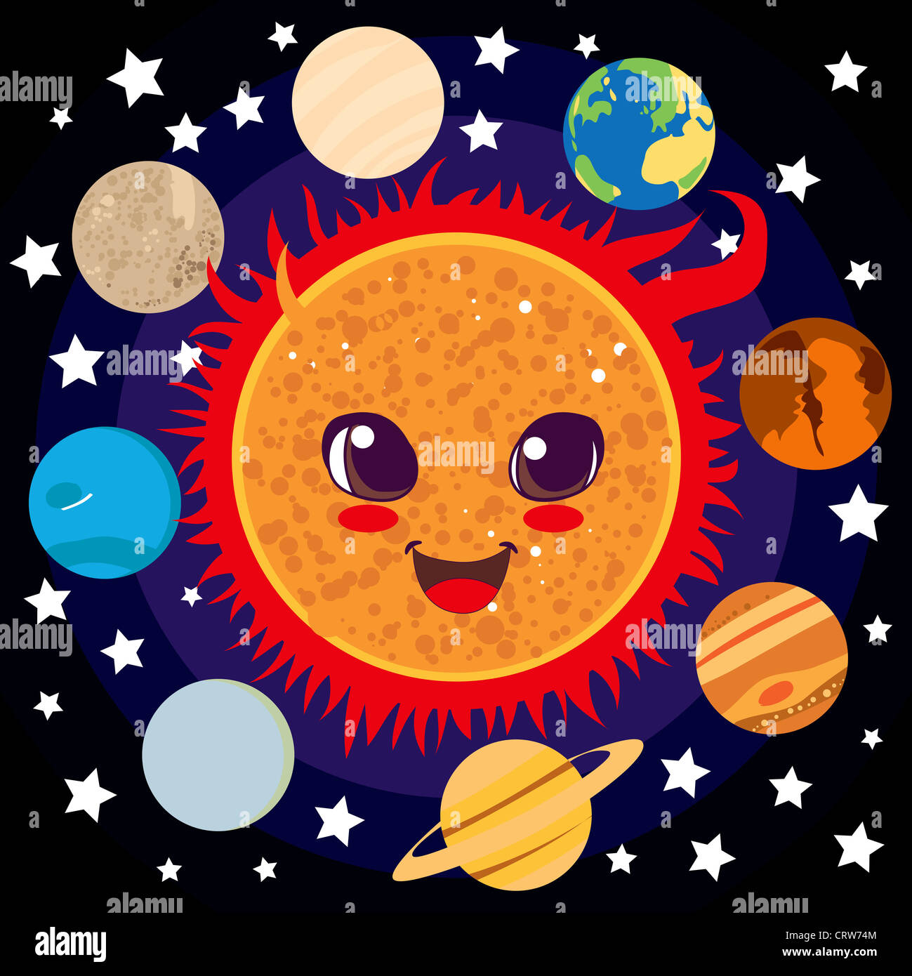 Cute happy Sun with planet friends circling him Stock Photo - Alamy