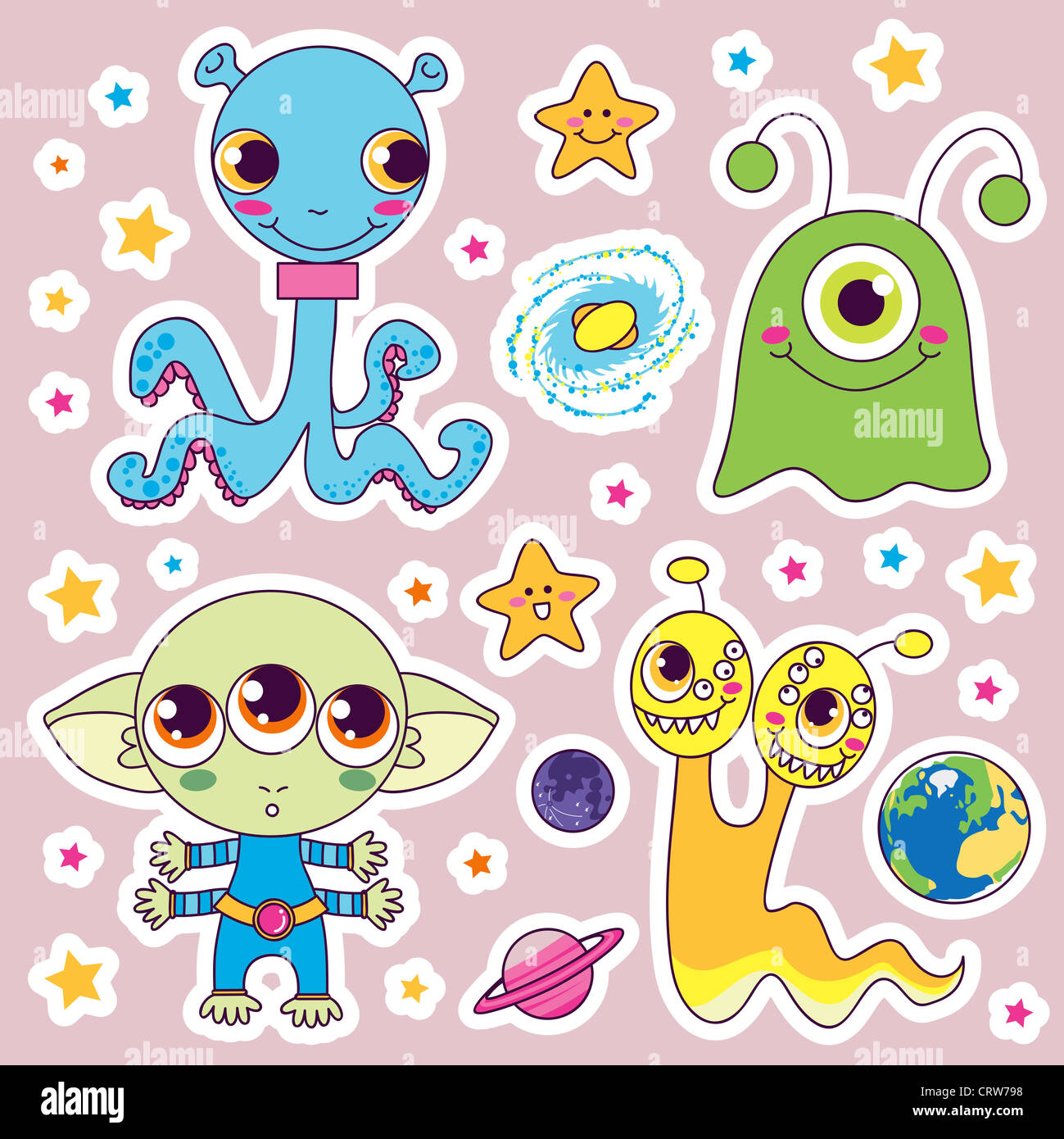 Four sweet cute child alien monsters with planets and happy stars Stock ...