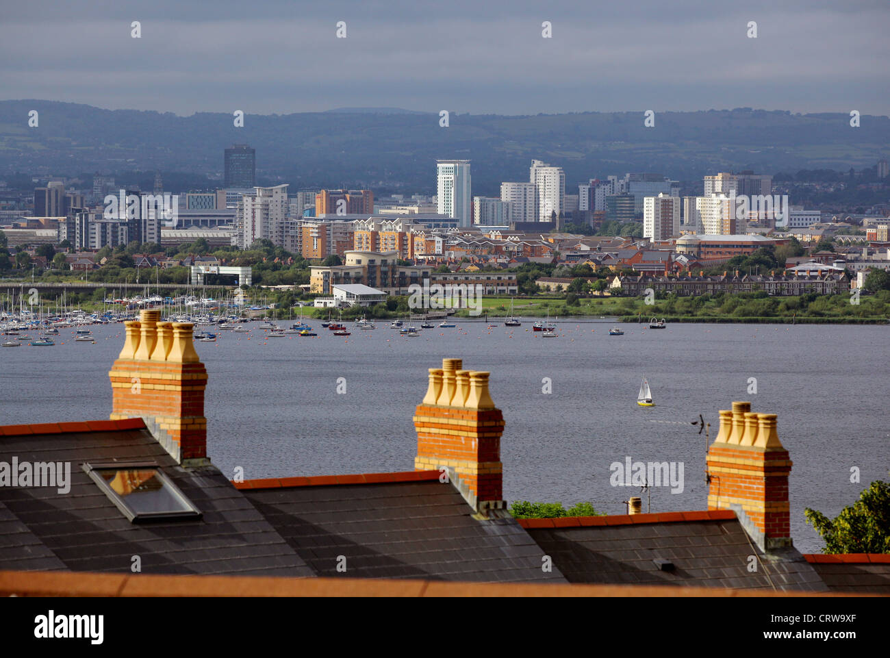 Cardiff Bay as seen over chimneys in Penarth, Vale of Glamorgan south ...