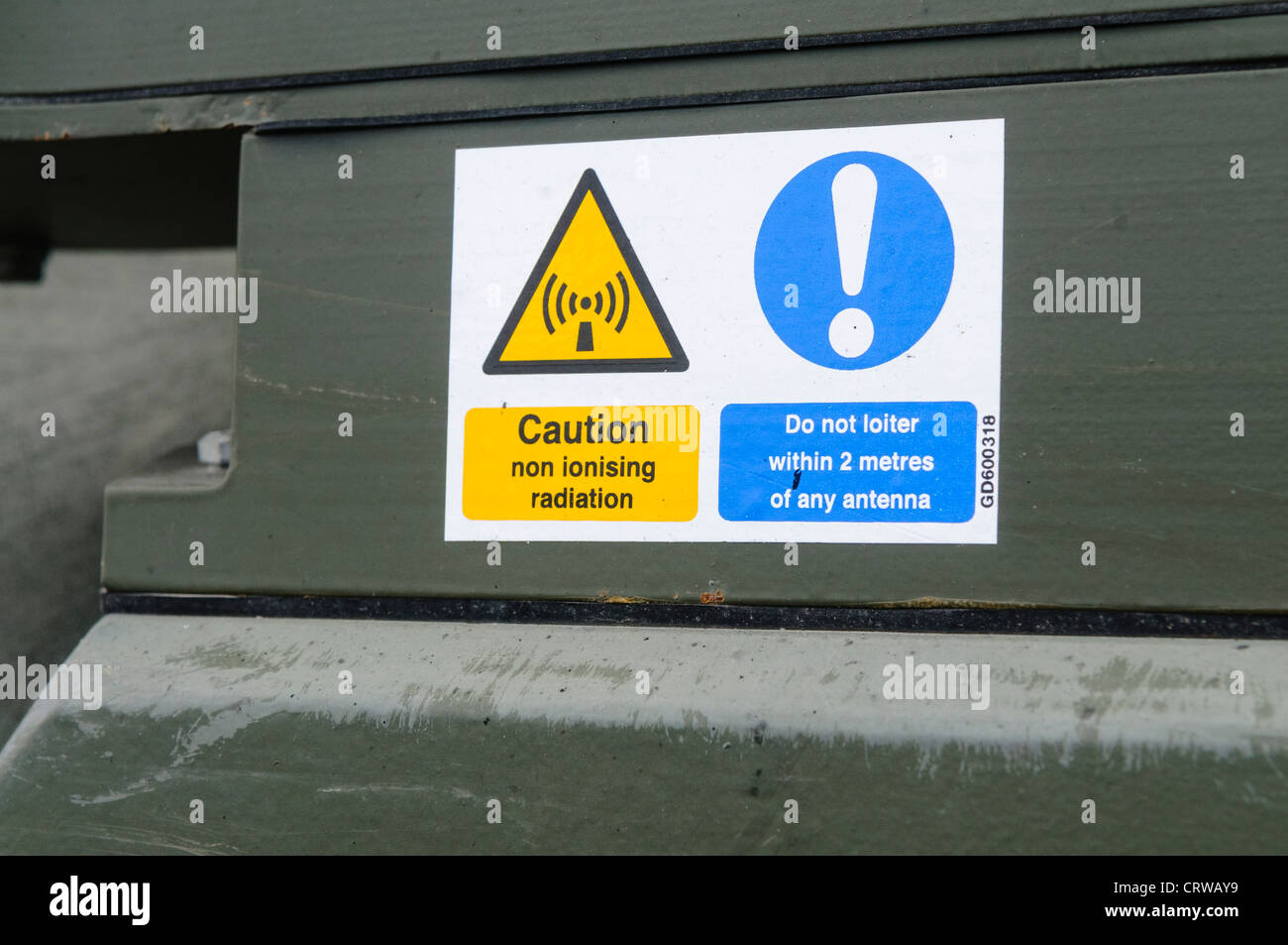 Sign on a military vehicle "Caution non-ionising radiation. Do not ...