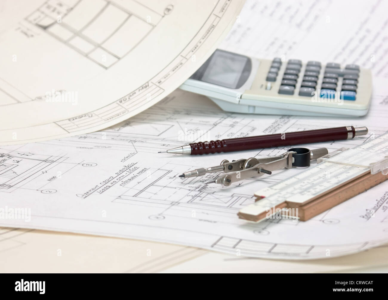 technical drawings and slide rule Stock Photo - Alamy