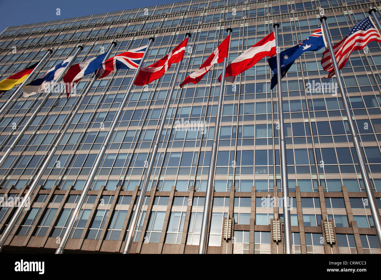 International flags flying in front of offices. Banks and banking ...