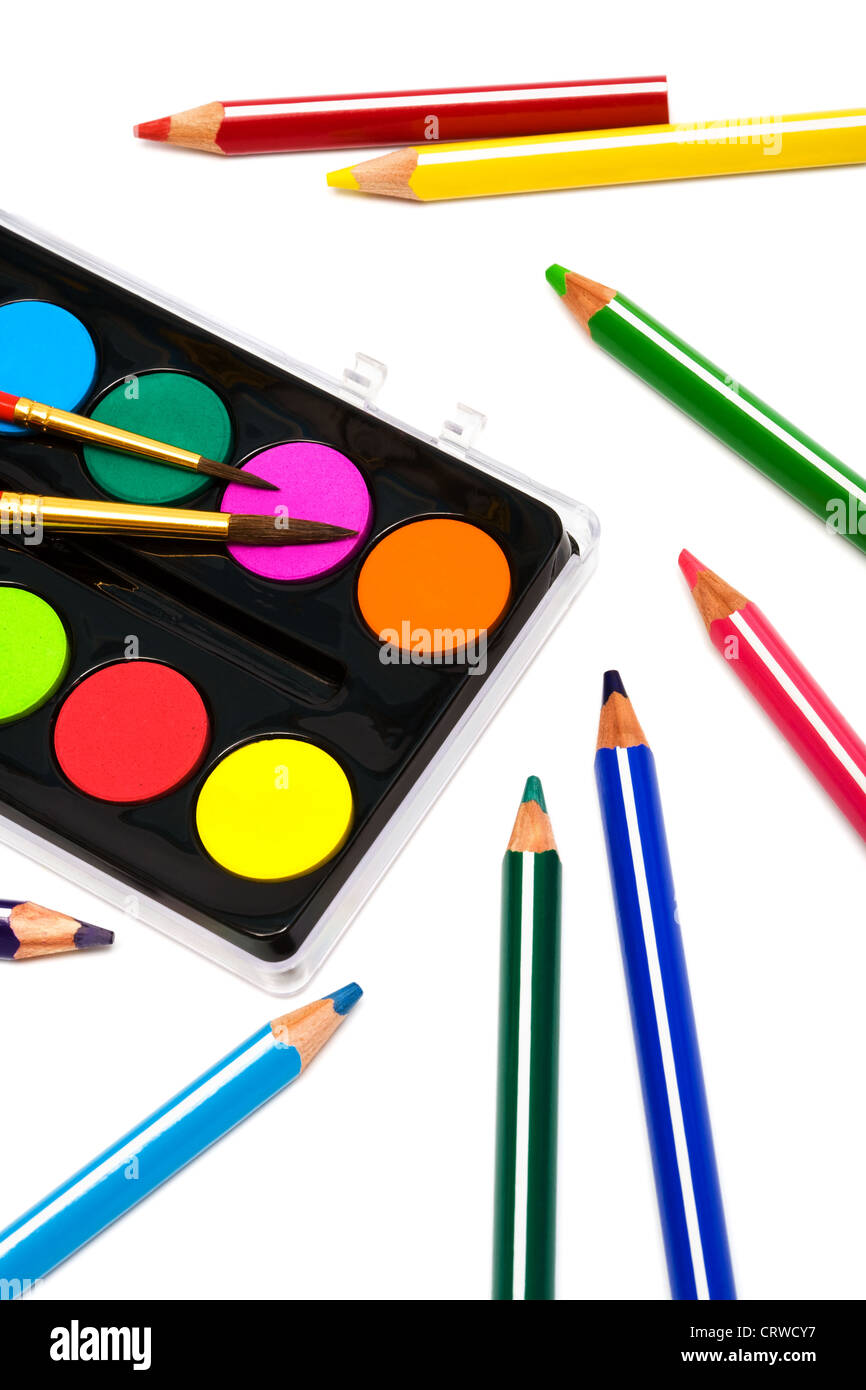 Paints and color pencils Stock Photo - Alamy