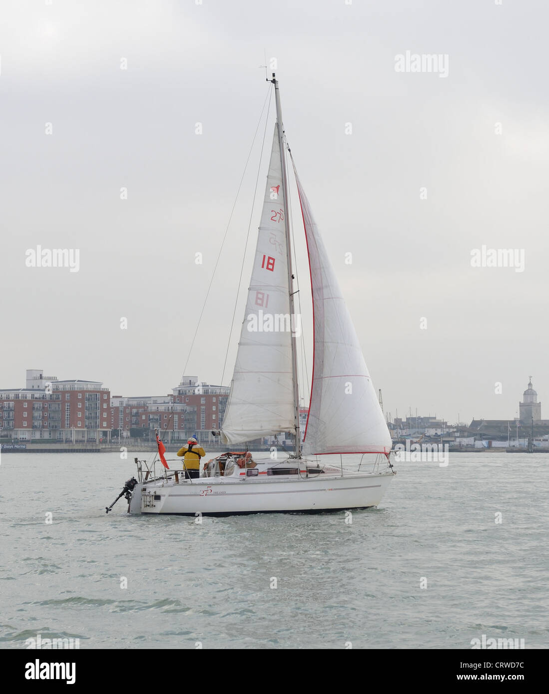 Parker 27.5 sailboat leaving Portsmouth Harbour on a gray day Stock ...