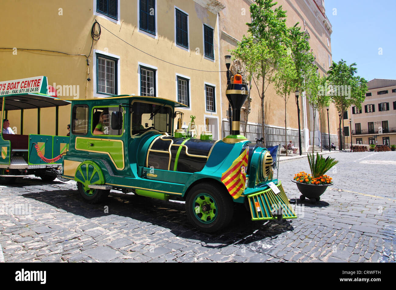Electric tourist train, Plaça de s'Esplanada, Mahón, Menorca, Balearic ...
