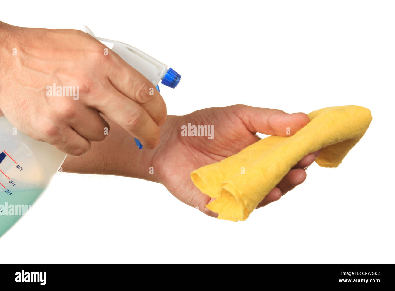 Hand with spray bottle and rag Stock Photo - Alamy