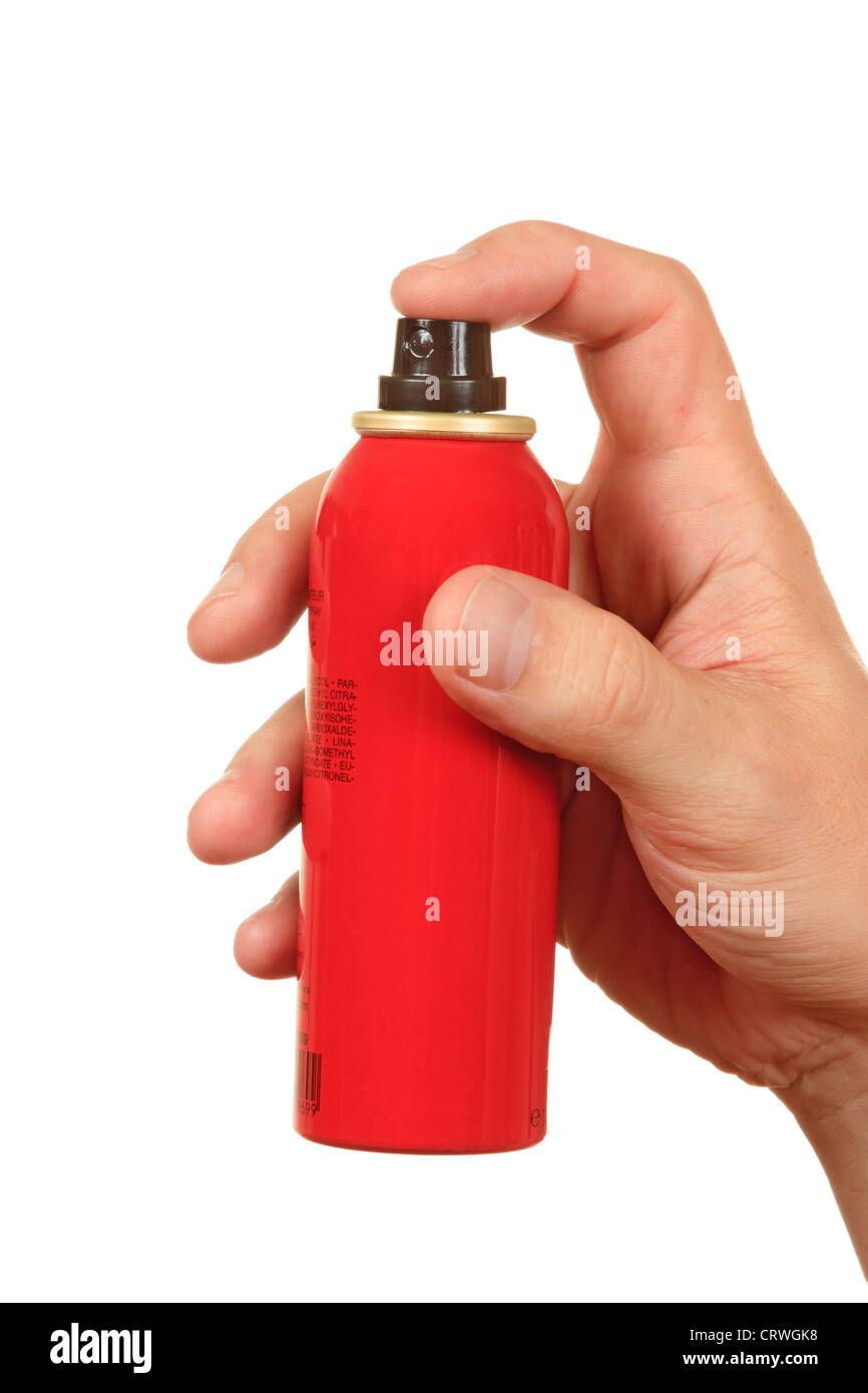 red spray bottle in his hand Stock Photo - Alamy
