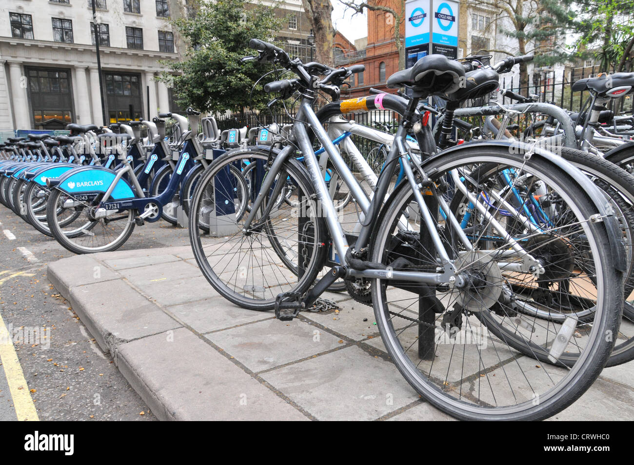 Bicycles Barclay's bike hire London Soho bikes Stock Photo - Alamy
