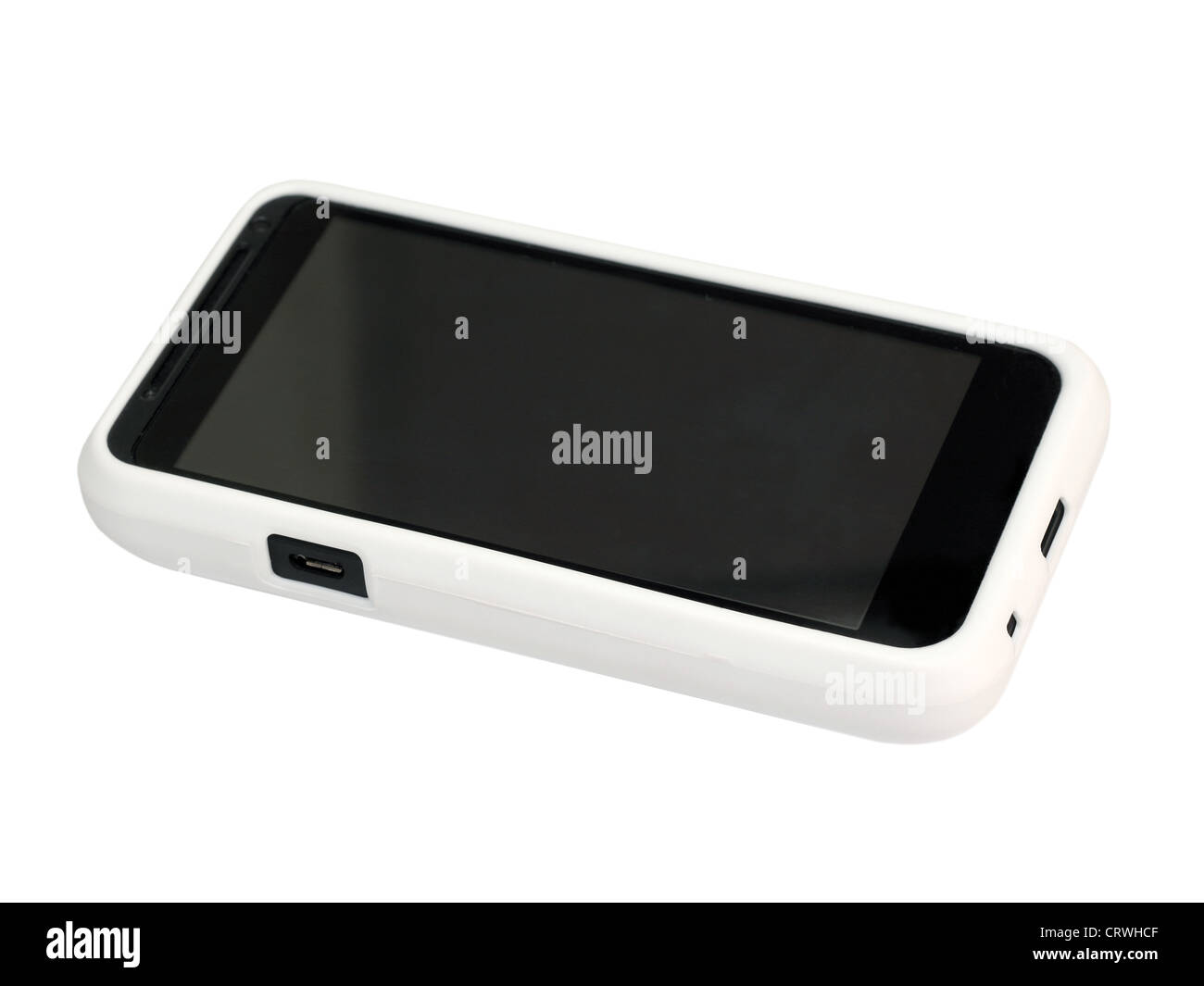 Mobile phone in a white cover with a blank screen. Isolated on a white ...