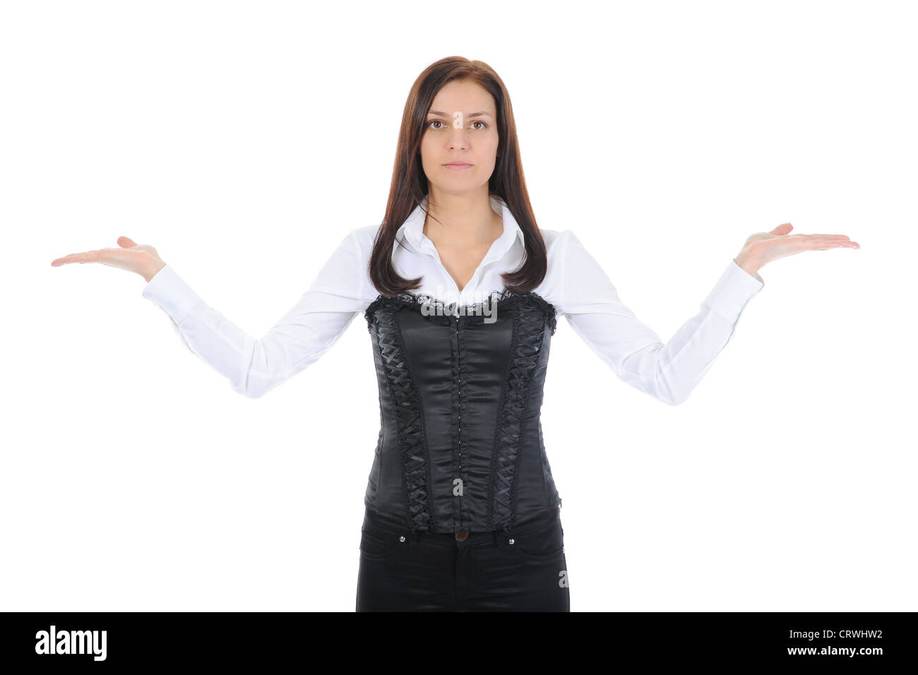 woman looks at her open palm Stock Photo - Alamy