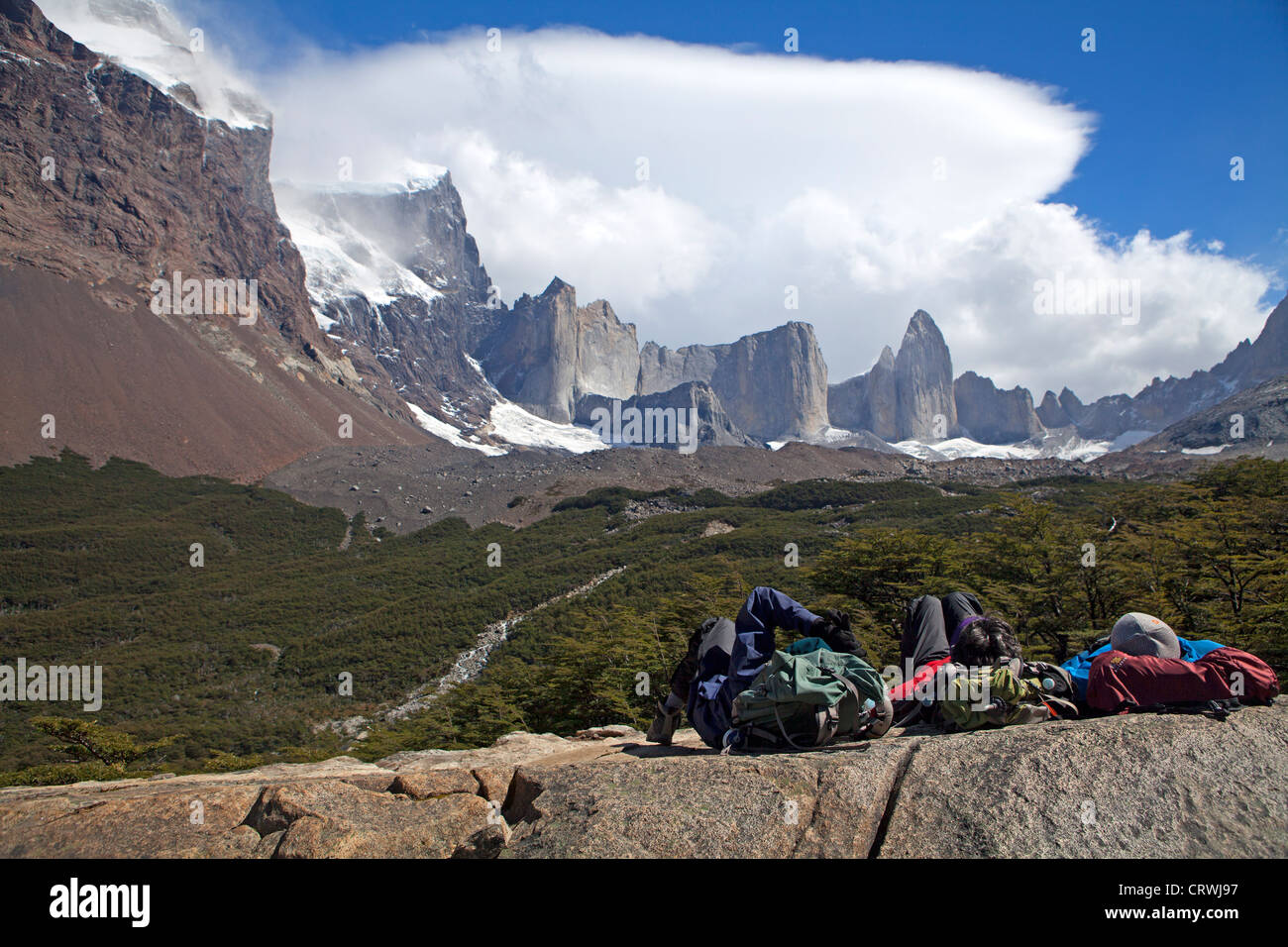 Hikers at the lookout at the head of the Frances Valley on the Torres ...