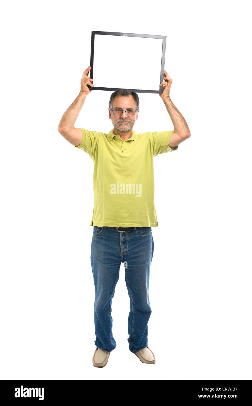Middle-aged man holding a blank picture frame Stock Photo - Alamy