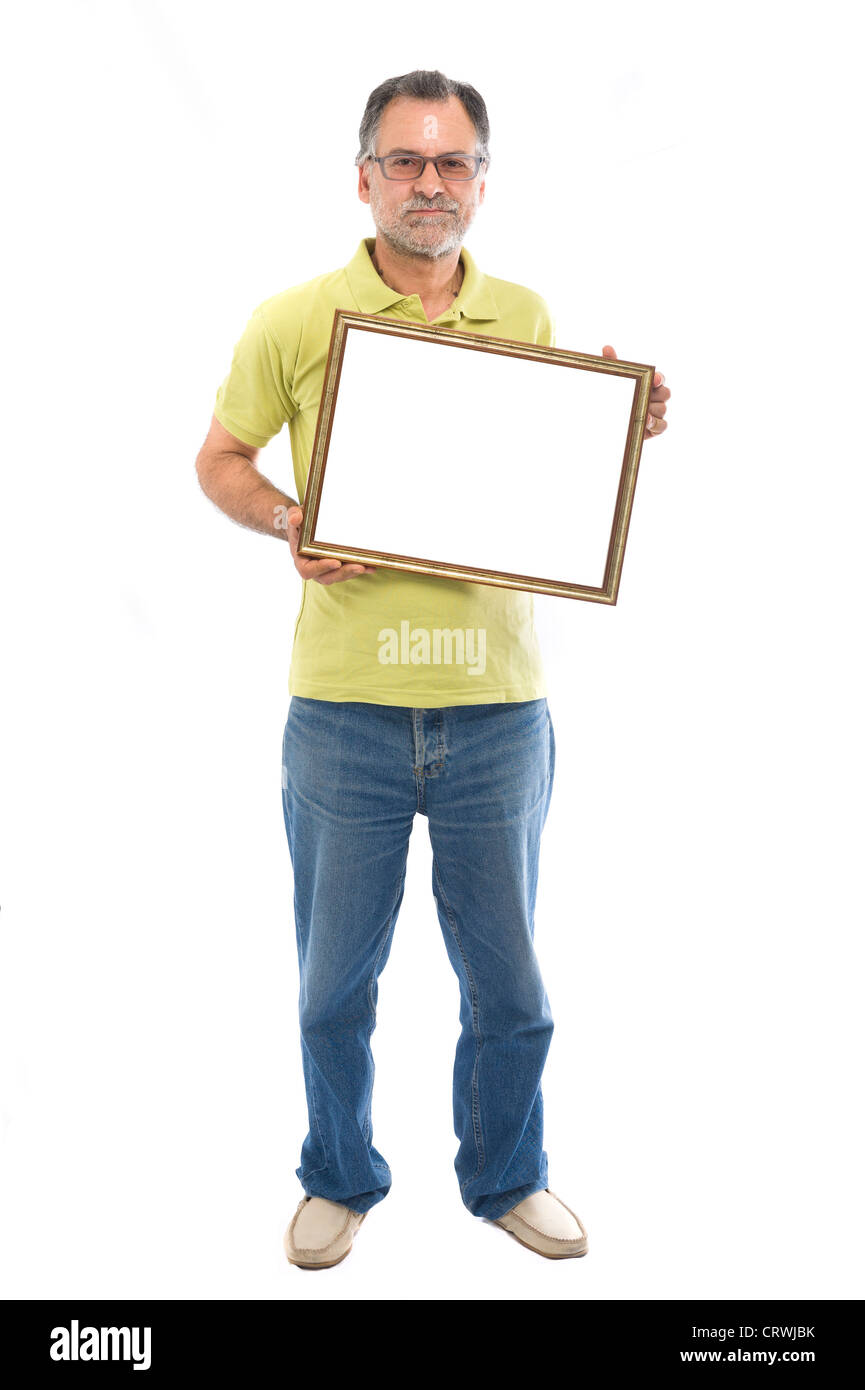 Middle-aged man holding a blank picture frame Stock Photo - Alamy