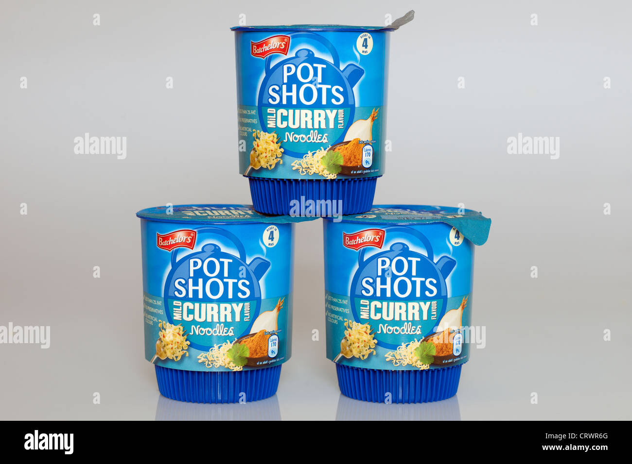 Stack of three Bachelors Pot shots mild curry flavour noodles Stock ...