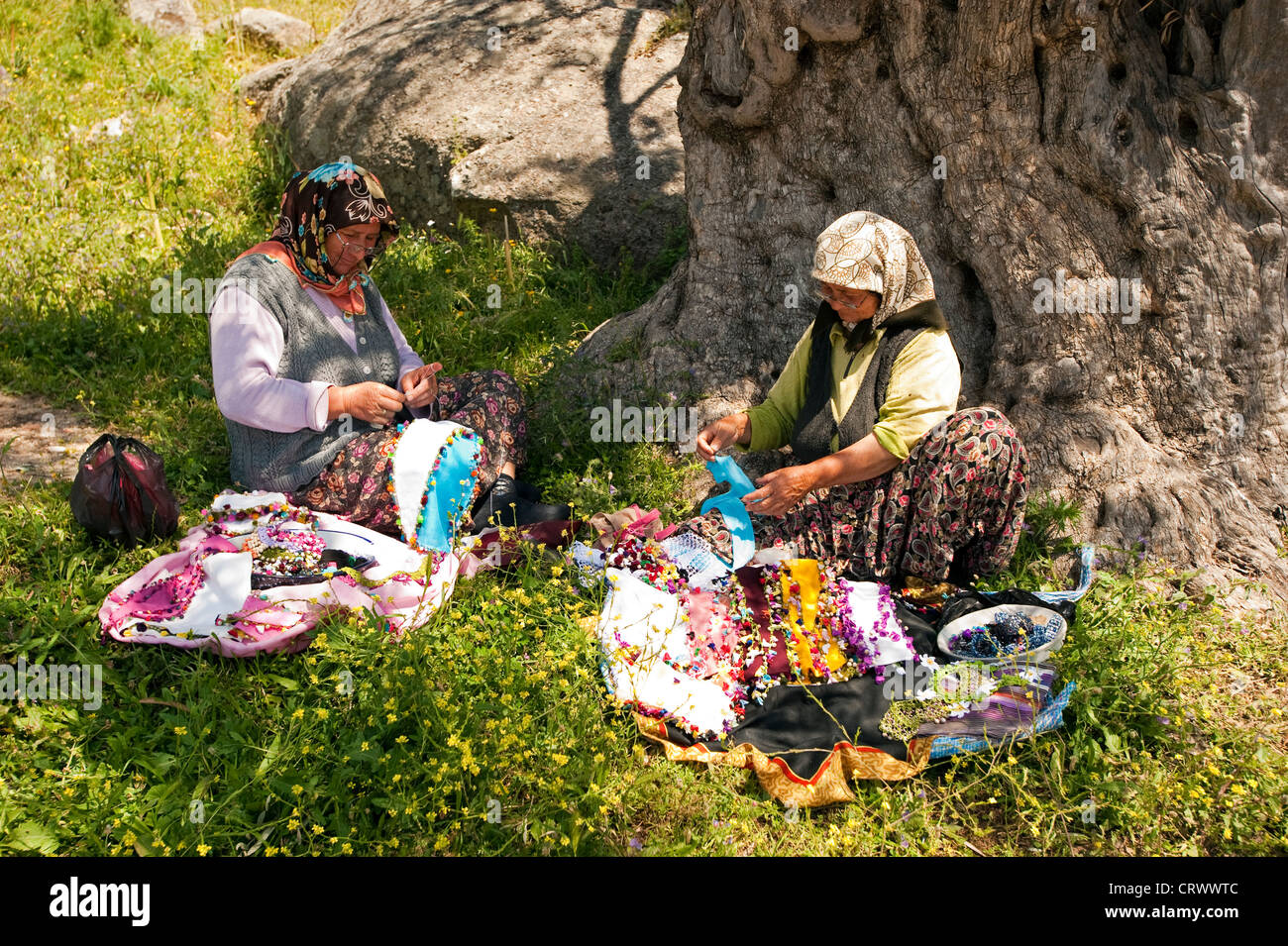 Local Turkish women making handcrafts under thousands years old olive ...