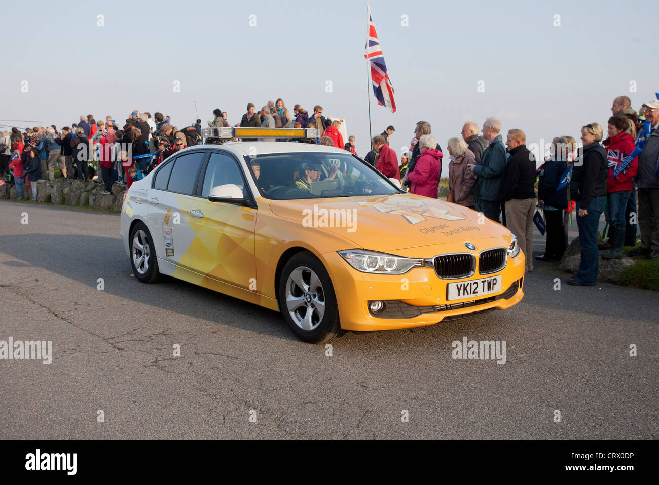 London 2012 Olympic Torch relay car at Lands end on day 1 of the relay ...