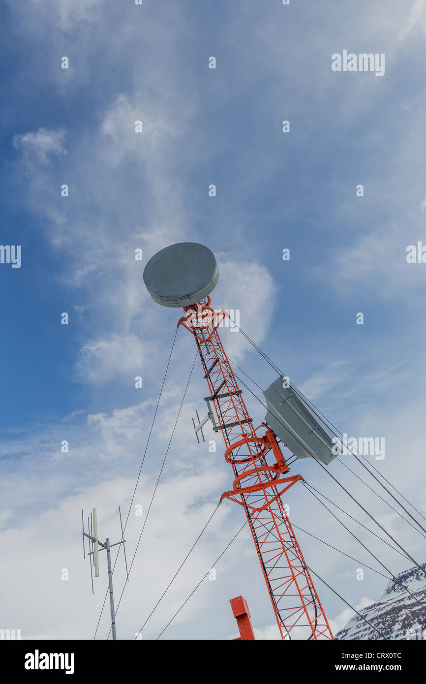 Telecommunication towers on mountain, Oxnadalur valley, Northern ...